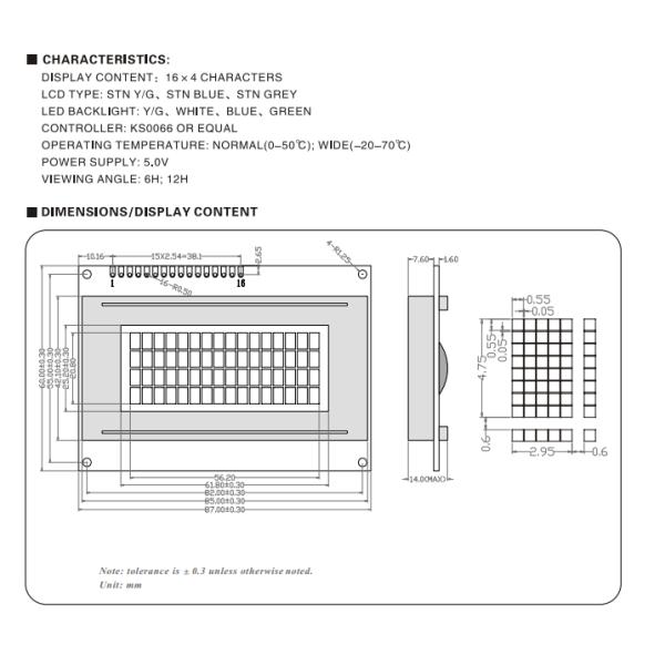 China 16×4 Character LCD Character Display Modules White LED Back ...